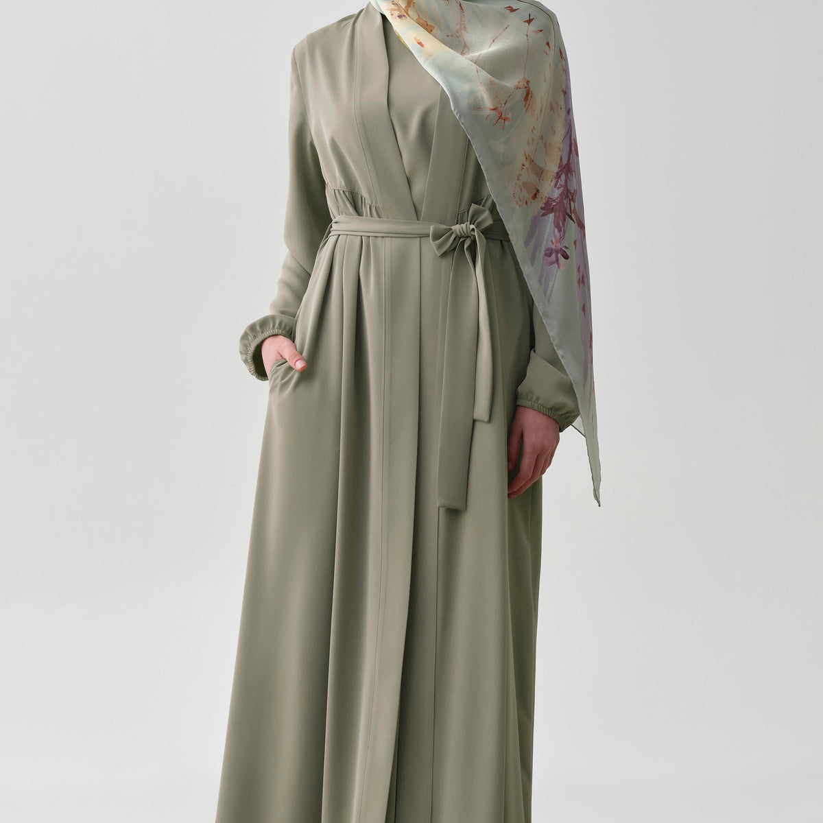 Pleated Waist Belted Abaya - Mint – TUĞBA